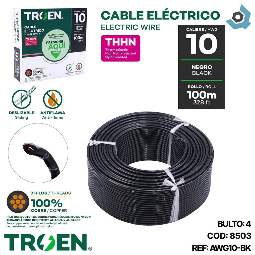 CABLE ELECTRICO 10 AWG NEGRO 7 HILOS TROEN | Litani Import Export